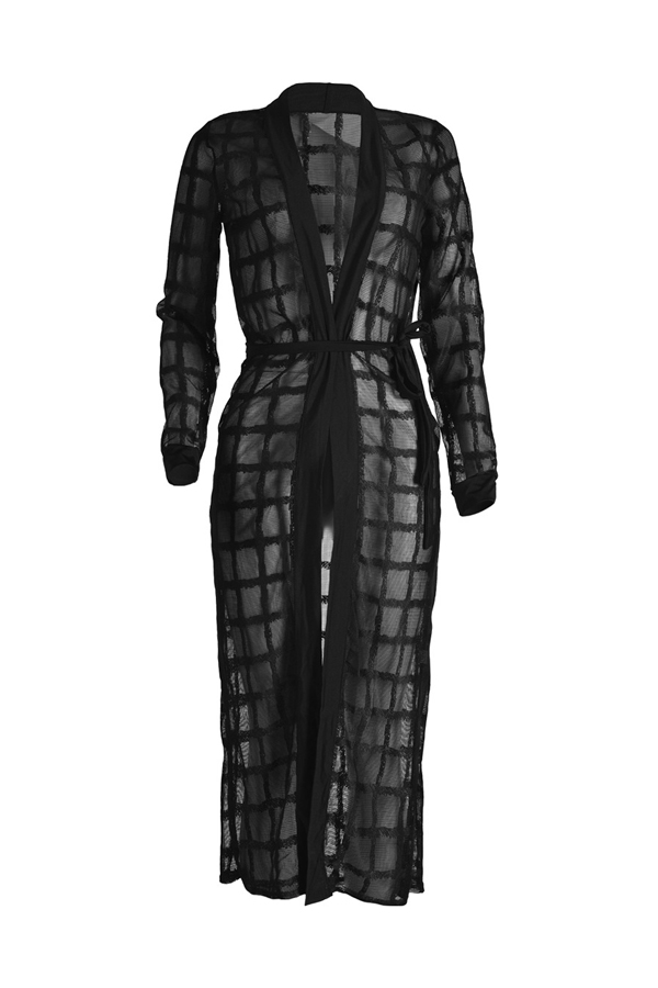 Trendy V Neck See-Through Black Polyester Long CoatLW | Fashion Online ...