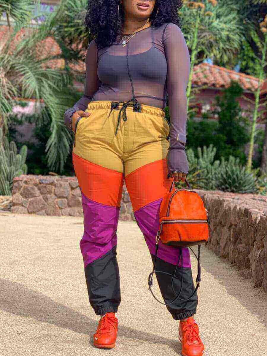 LW Casual See-through Color-lump Patchwork Multicolor Two Piece Pants ...