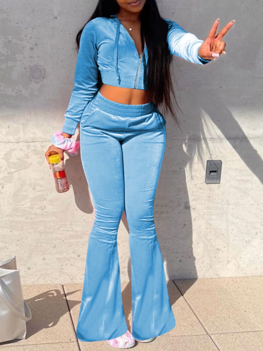 LW Velvet Zipper Design Flared Cropped Tracksuit Set Sale | LovelyWholesale