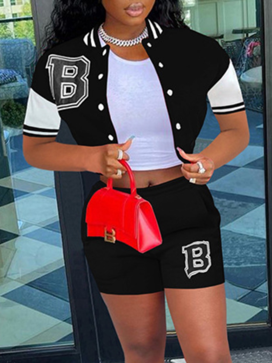 LW Letter Decor Striped Shorts Set Sale | LovelyWholesale